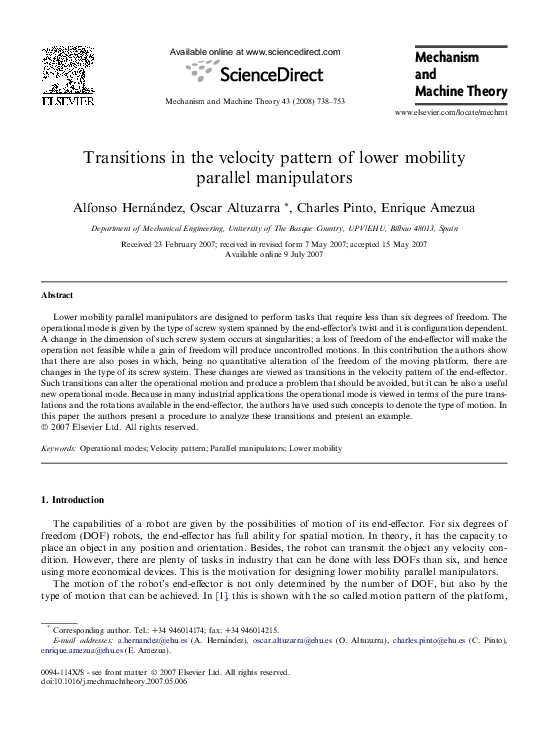 (PDF) Transitions in the velocity pattern of lower mobility parallel manipulators
