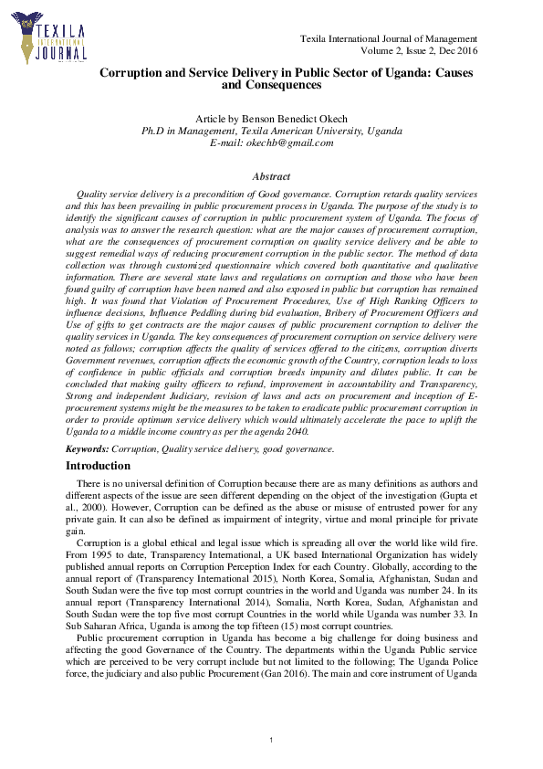 (PDF) Corruption and Service Delivery in Public Sector of Uganda: Causes and Consequences