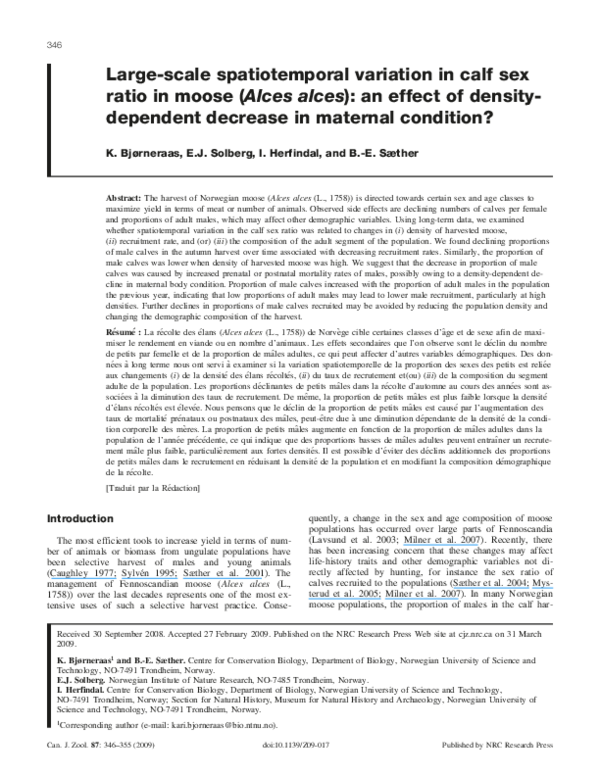 Pdf Large Scale Spatiotemporal Variation In Calf Sex Ratio In Moose