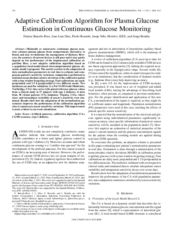 Pdf Adaptive Calibration Algorithm For Plasma Glucose Estimation In