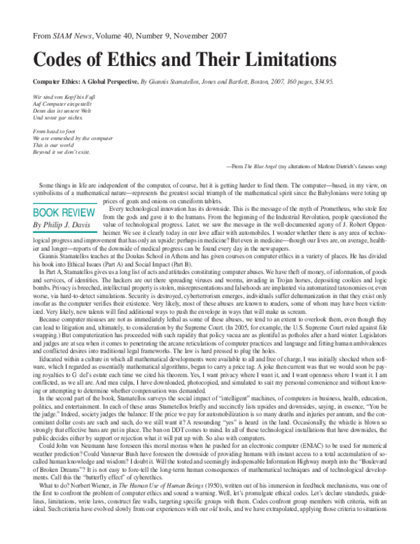 (PDF) "Codes of Ethics and Their Limitations", review of Computer ...