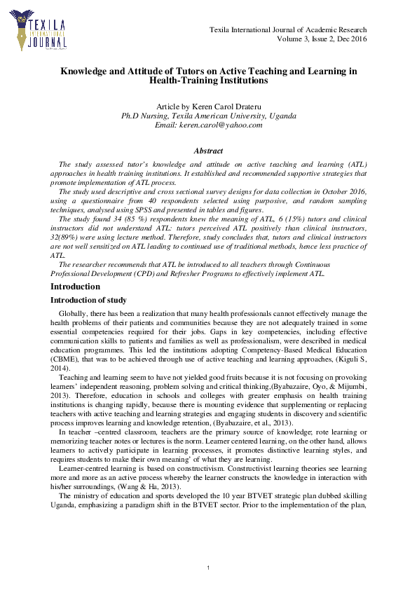 (PDF) Knowledge and Attitude of Tutors on Active Teaching and Learning ...