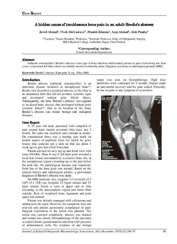 (PDF) A hidden cause of troublesome bone pain in an adult-Brodie's abscess