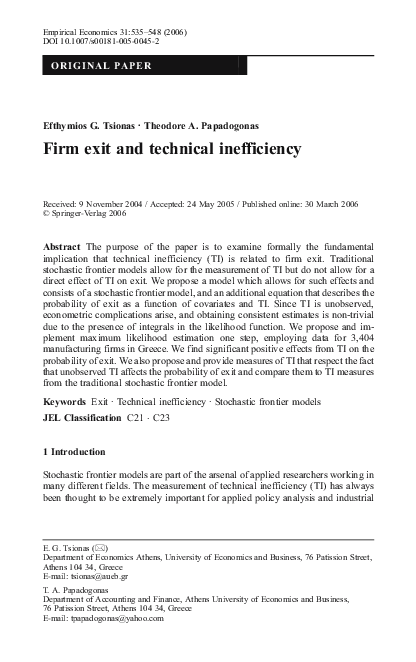 (PDF) Firm exit and technical inefficiency
