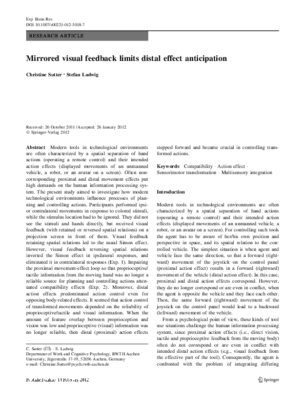 (PDF) Mirrored visual feedback limits distal effect anticipation