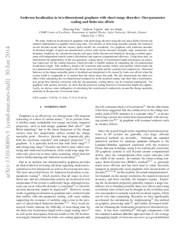 (PDF) Anderson localization in two-dimensional graphene with short-range disorder: One-parameter ...