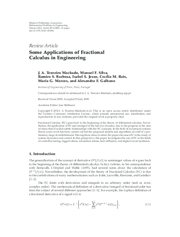 Pdf Application Of Fractional Calculus In Engineering