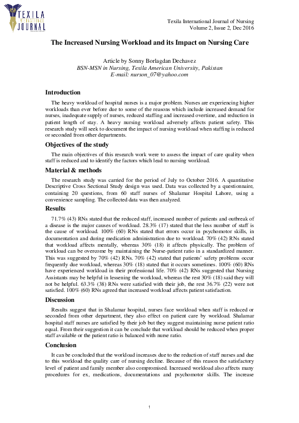 (PDF) The Increased Nursing Workload and its Impact on Nursing Care