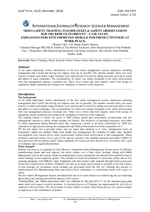 (PDF) " DOES SAFETY TRAINING TO EMPLOYEES & SAFETY OBSERVATIONS ROUNDS ...