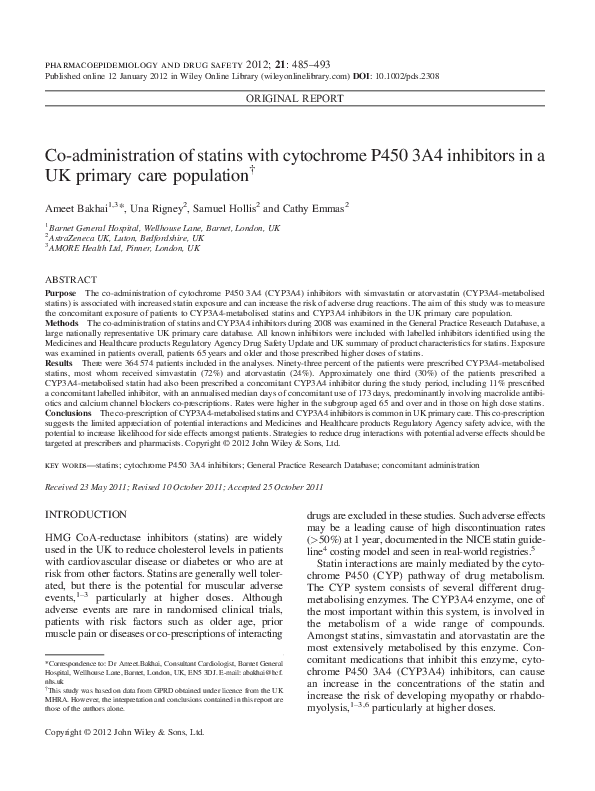 (PDF) Co-administration of statins with cytochrome P450 3A4 inhibitors ...