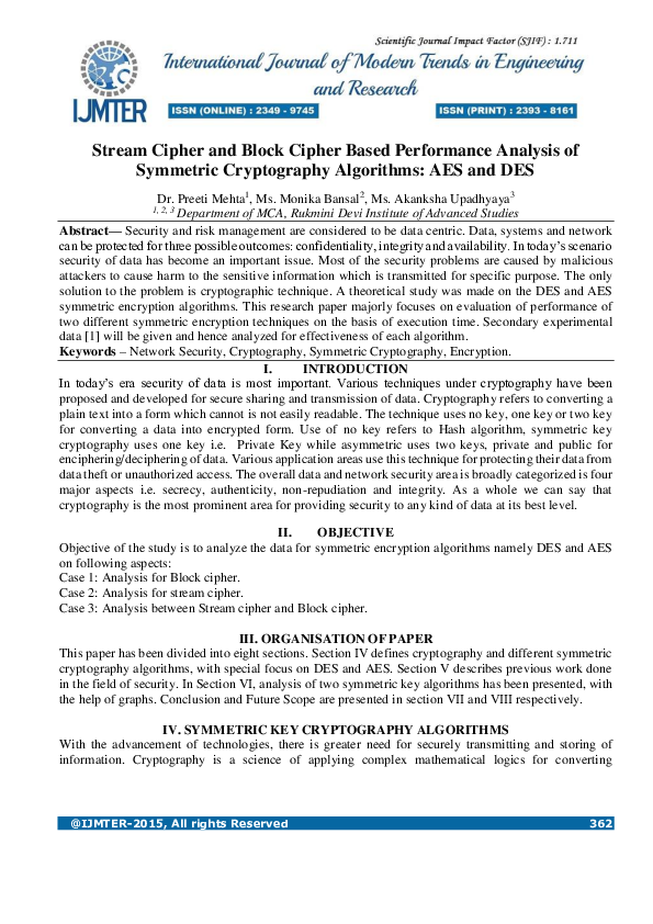 Pdf Ijmter 2015 All Rights Reserved Stream Cipher And Block Cipher Based Performance Analysis