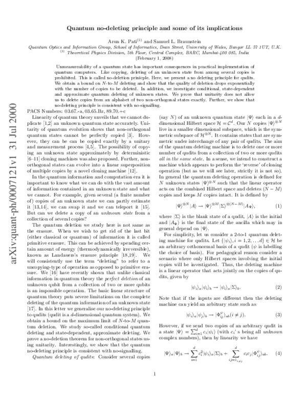 (PDF) Quantum no-deleting principle and some of its implications