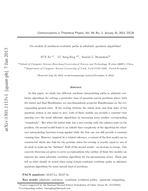 Pdf On Models Of Nonlinear Evolution Paths In Adiabatic Quantum