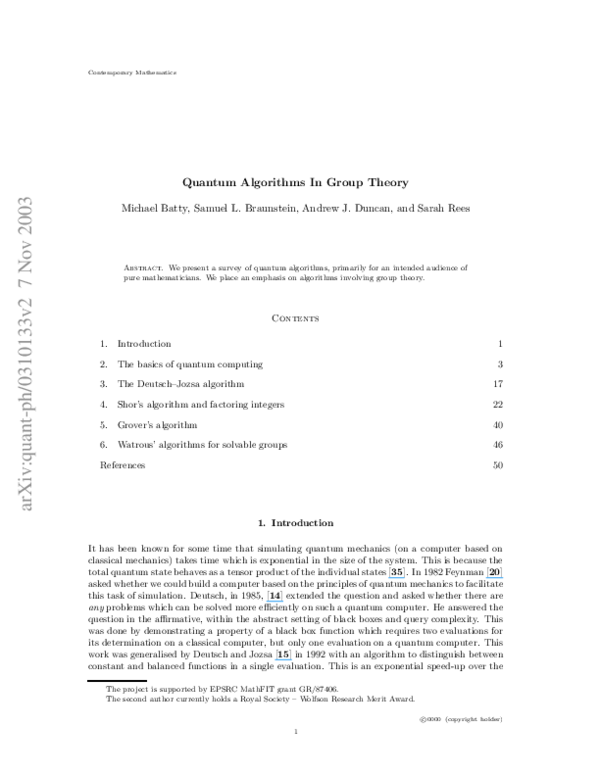 (PDF) Quantum algorithms in group theory