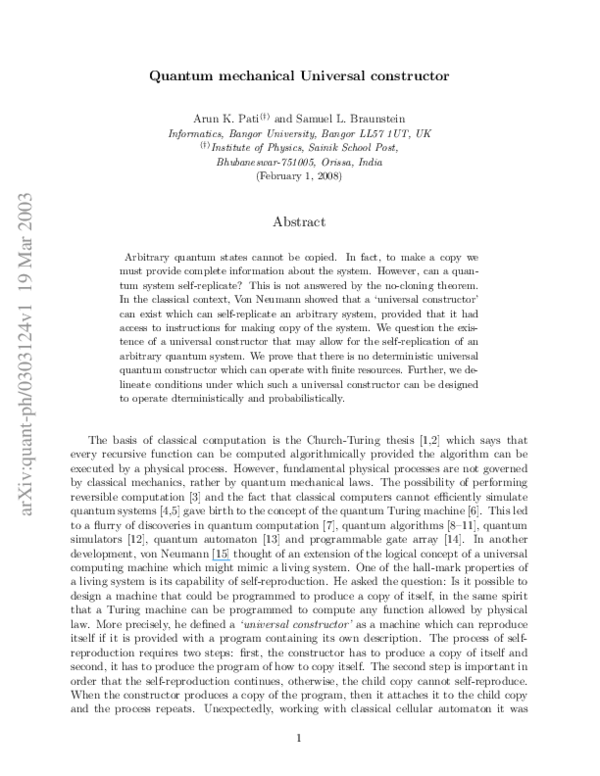 (PDF) Quantum mechanical Universal constructor | Samuel Braunstein ...