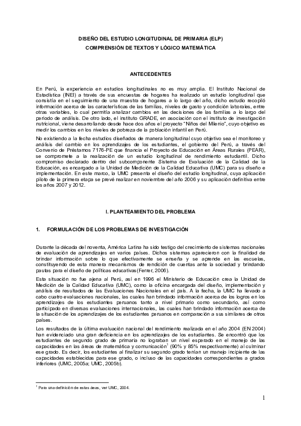 (PDF) DISEÑO DEL ESTUDIO LONGITUDINAL DE PRIMARIA (ELP) COMPRENSIÓN DE TEXTOS Y LÓGICO MATEMÁTICA