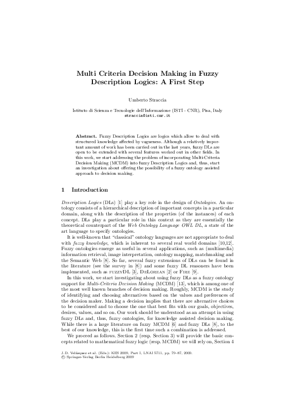 (PDF) Multi Criteria Decision Making in Fuzzy Description Logics: A First Step