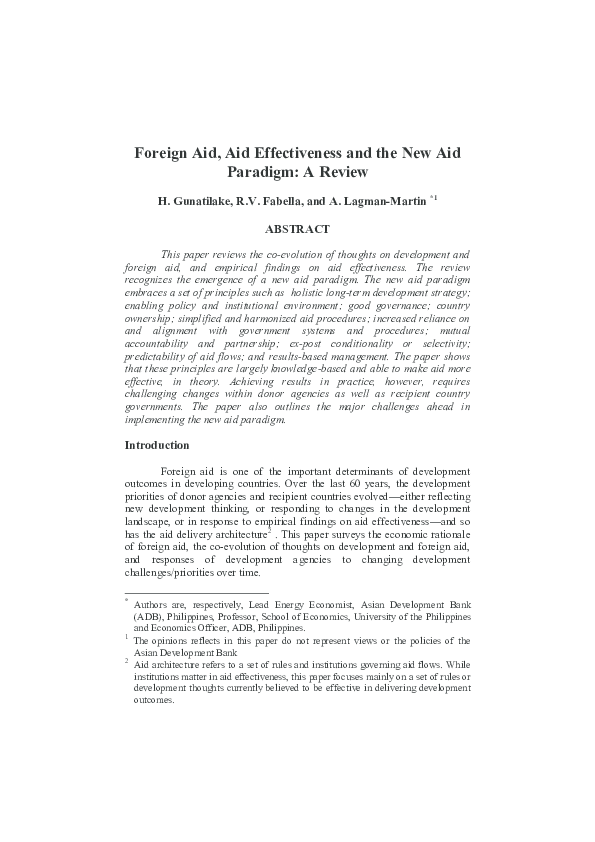 (PDF) Foreign Aid, Aid Effectiveness and the New Aid Paradigm: A Review