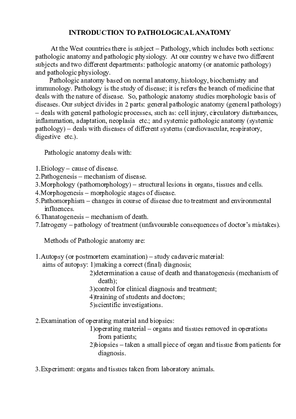 INTRODUCTION TO PATHOLOGICAL ANATOMY