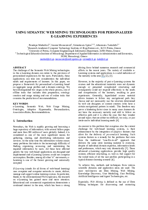 (PDF) Using semantic web mining technologies for personalized e-learning experiences | Ioanna ...