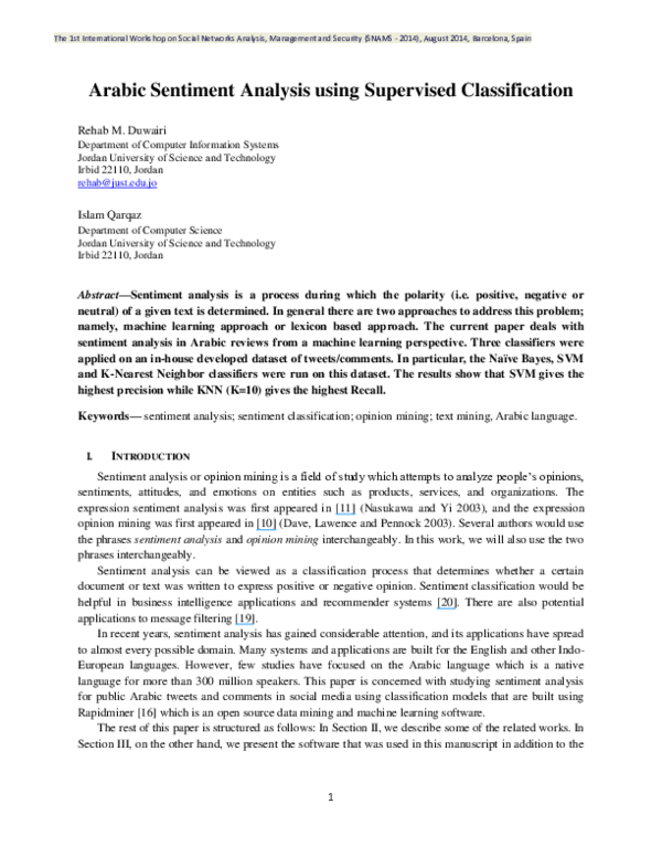 Pdf Arabic Sentiment Analysis Using Supervised Classification Rehab Duwairi