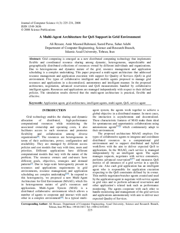 (PDF) A Multi-Agent Architecture for QoS Support in Grid Environment