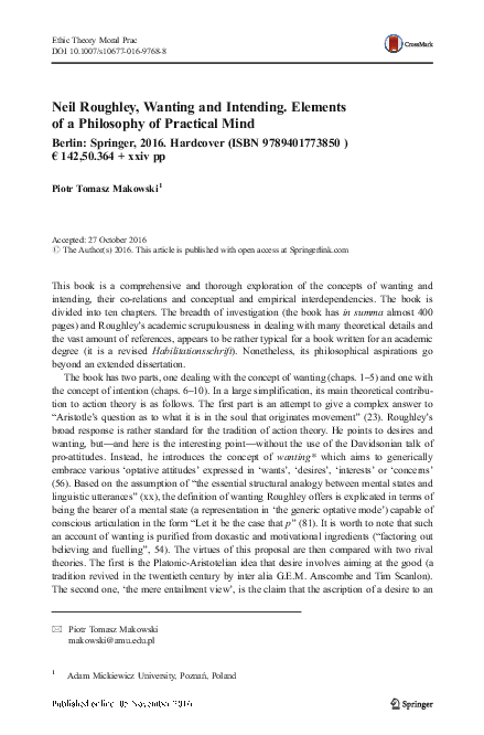 (PDF) Neil Roughley, Wanting and Intending. Elements of a Philosophy of ...
