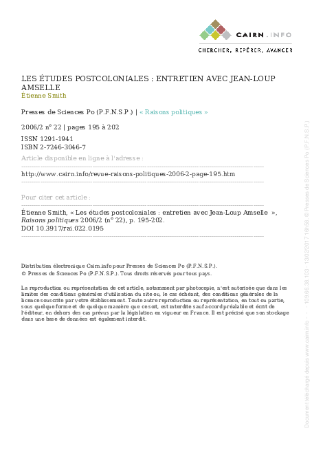 (PDF) Présentation, « Le postcolonialisme en débat : entretien avec ...