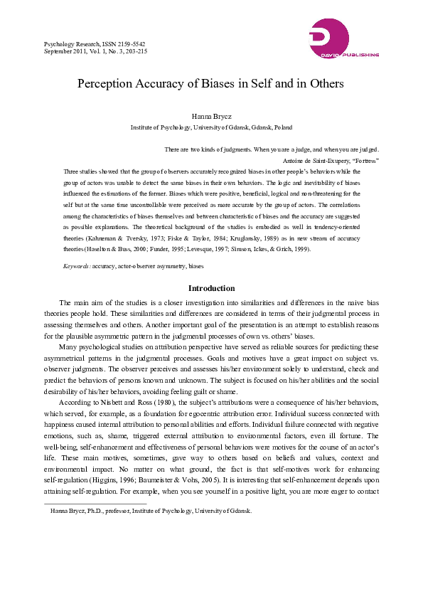 (PDF) Perception Accuracy of Biases in Self and in Others