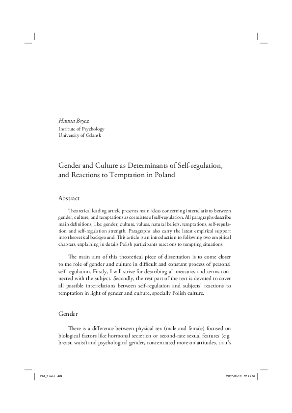 Pdf Gender And Culture As Determinants Of Self Regulation And Reactions To Temptation In Poland