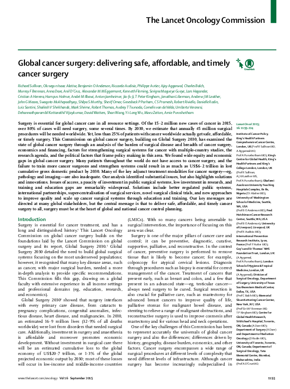 (PDF) The Lancet Oncology Commission Global cancer surgery: delivering ...