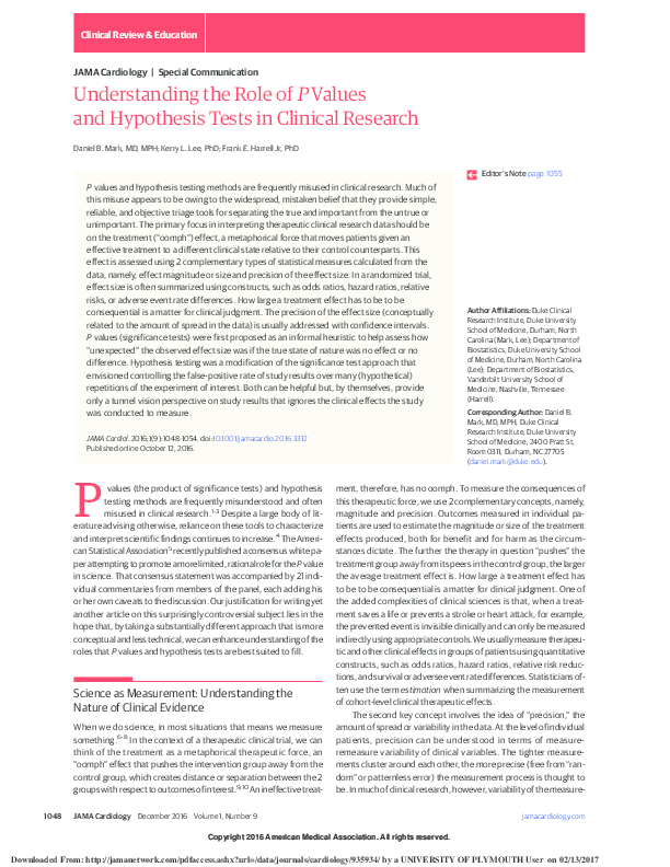 (PDF) Understanding the Role of P Values and Hypothesis Tests in ...