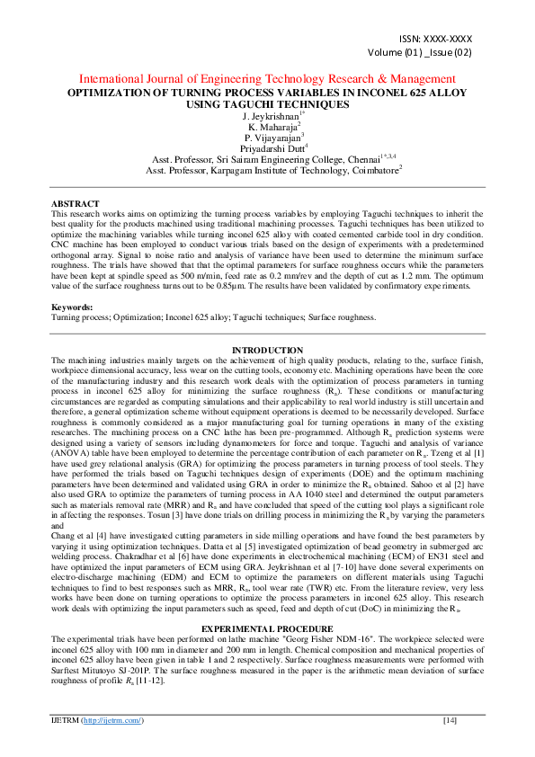 (PDF) OPTIMIZATION OF TURNING PROCESS VARIABLES IN INCONEL 625 ALLOY USING TAGUCHI TECHNIQUES