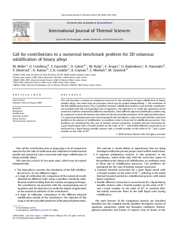(PDF) Call for contributions to a numerical benchmark problem for 2D columnar solidification of ...