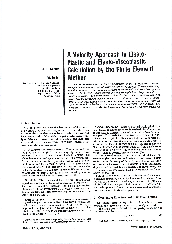 (PDF) A Velocity Approach to Elasto-Plastic and Elasto-Viscoplastic Calculation by the Finite ...