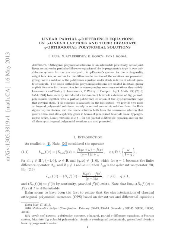 Pdf Linear Partial Q Difference Equations On Q Linear Lattices And Their Bivariate Q