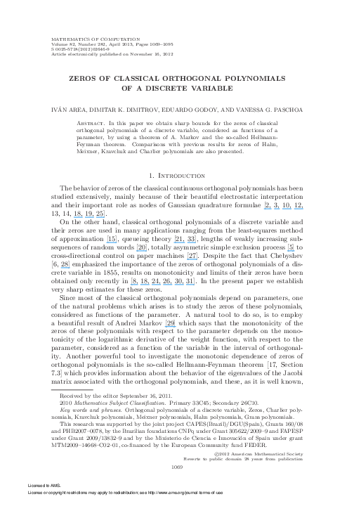 Pdf Zeros Of Classical Orthogonal Polynomials Of A Discrete Variable