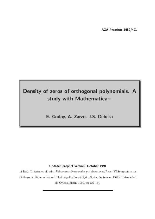(PDF) Density of zeros of orthogonal polynomials. A study with MathematicaTM