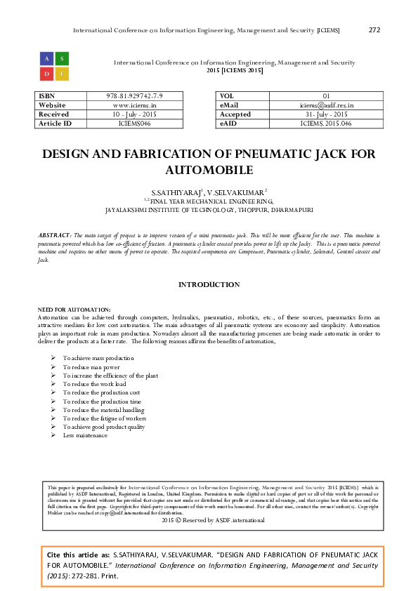 (PDF) DESIGN AND FABRICATION OF PNEUMATIC JACK FOR AUTOMOBILE