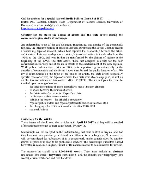 (DOC) CFP: Creating for the state