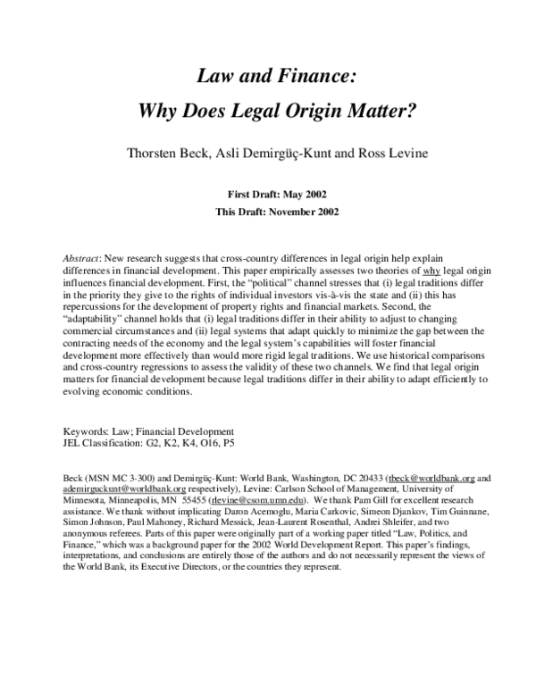 (PDF) Law and finance: why does legal origin matter?