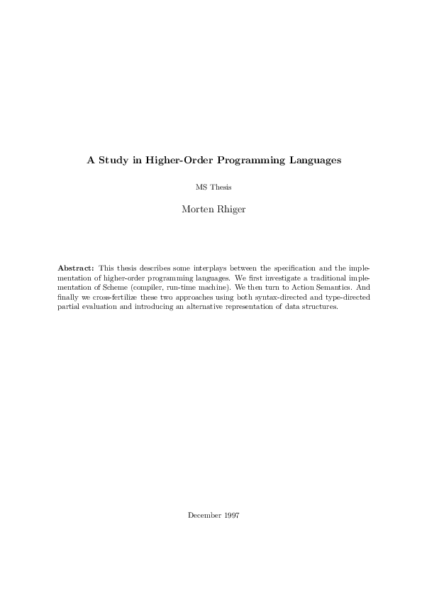 (PDF) A Study in Higher-Order Programming Languages | Morten Rhiger - Academia.edu