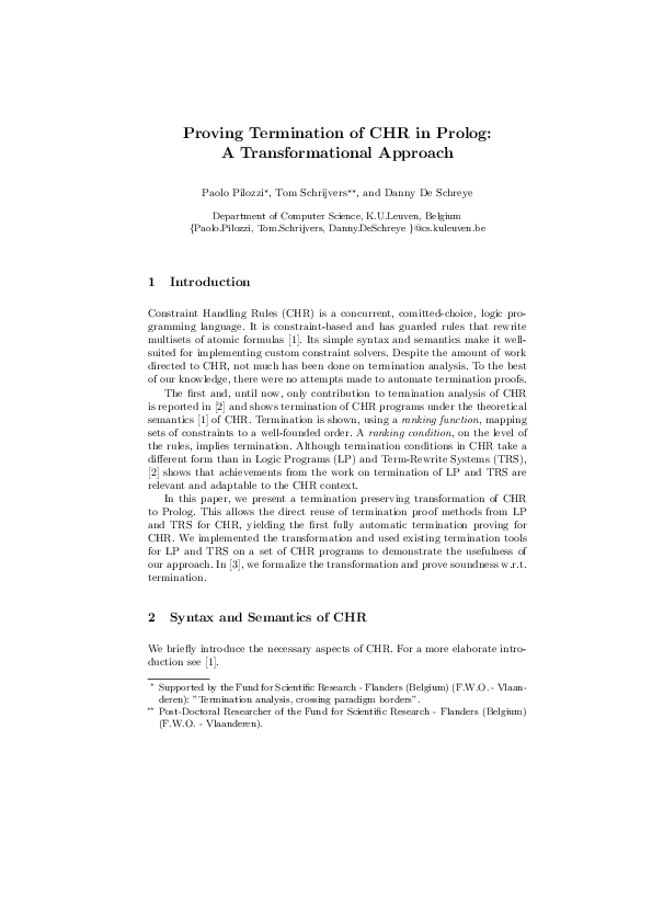 (PDF) Proving termination of CHR in Prolog: A transformational approach