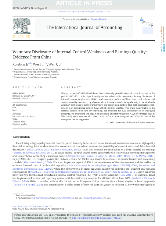 (PDF) Voluntary Disclosure of Internal Control Weakness and Earnings ...