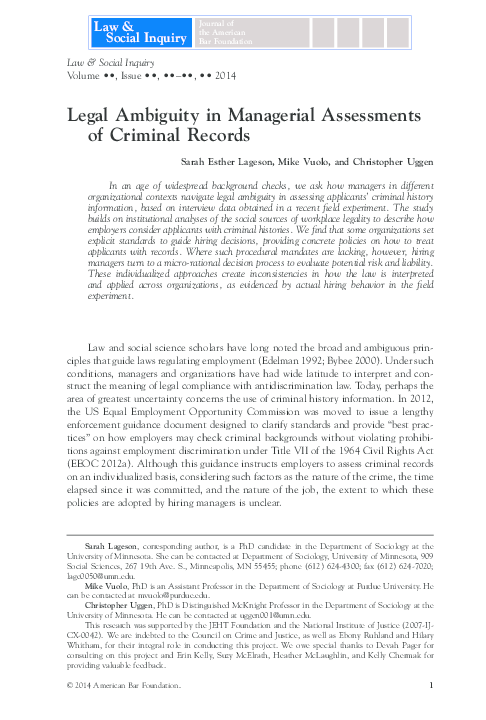 (PDF) Legal Ambiguity in Managerial Assessments of Criminal Records