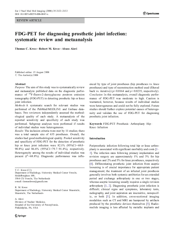 (PDF) FDG-PET for diagnosing prosthetic joint infection: systematic ...