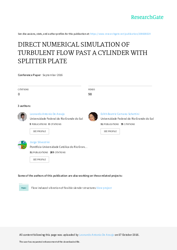 (PDF) DIRECT NUMERICAL SIMULATION OF TURBULENT FLOW PAST A CYLINDER WITH SPLITTER PLATE