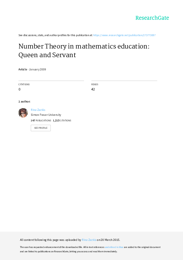 (PDF) Number Theory in mathematics education: Queen and Servant