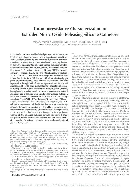(PDF) Thromboresistance Characterization of Extruded Nitric Oxide-Releasing Silicone Catheters