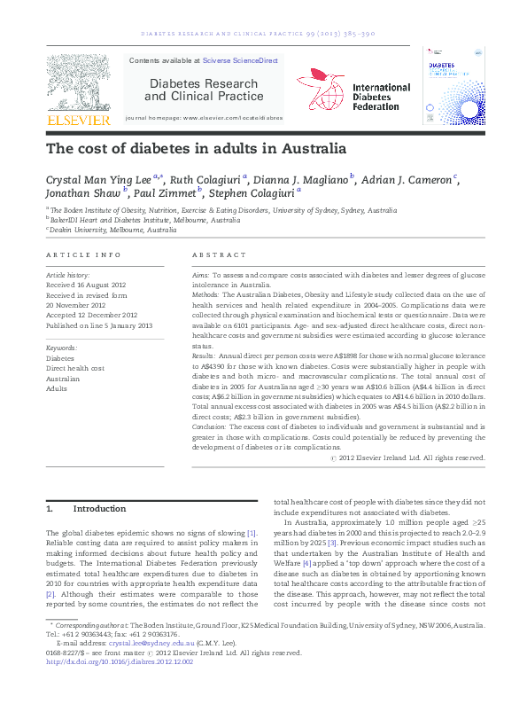 (PDF) The cost of diabetes in adults in Australia